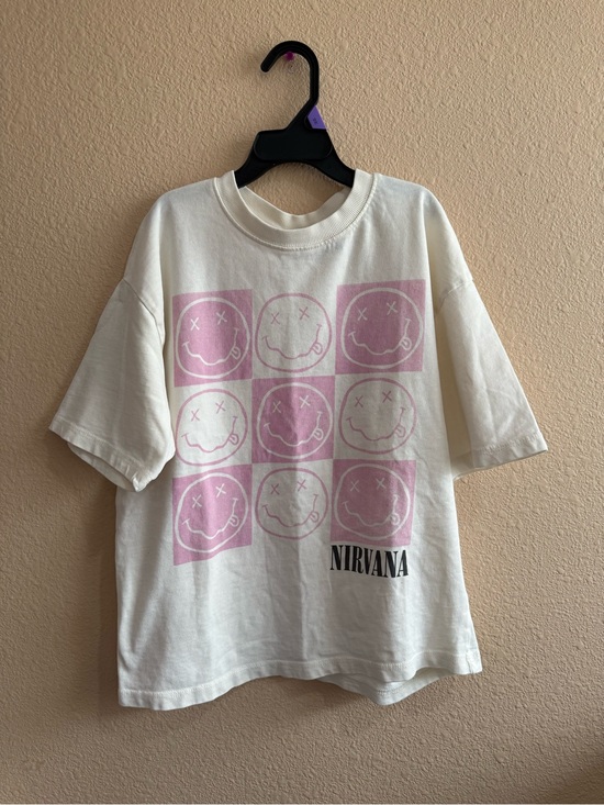 Zara | Shirts & Tops | Zara Nirvana Cream Tee With Pink Grid Smiley ...